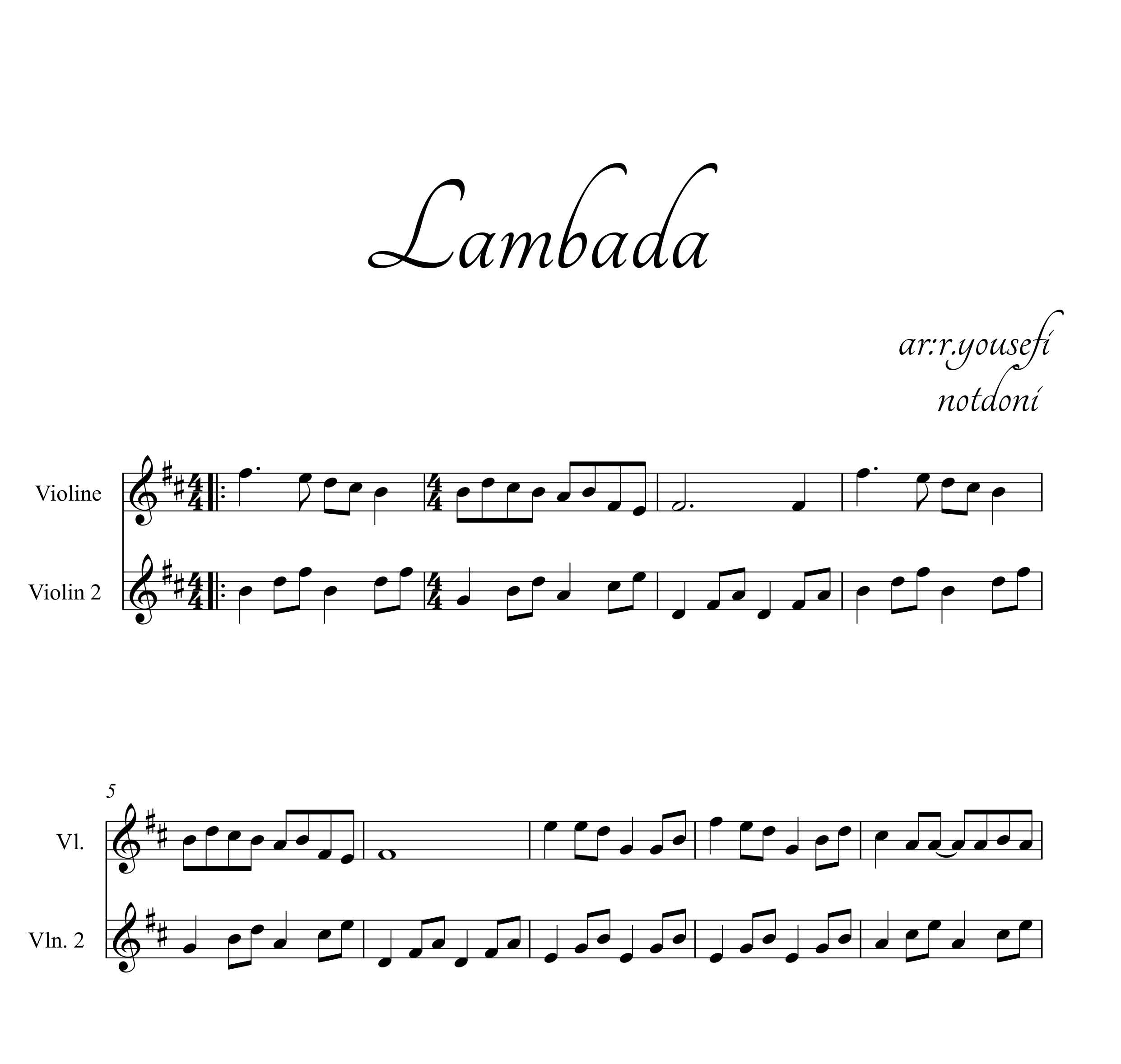 نت ساده Lambada برای دو نوازی ویولن نت دونی